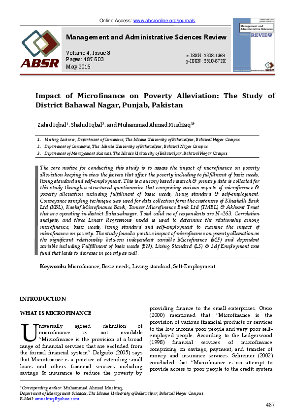 (PDF) Impact of Microfinance on Poverty Alleviation: The Study of ...