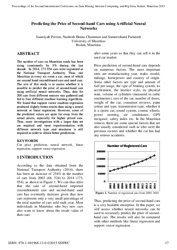 (PDF) Predicting the Price of Second-hand Cars using Artificial Neural Networks