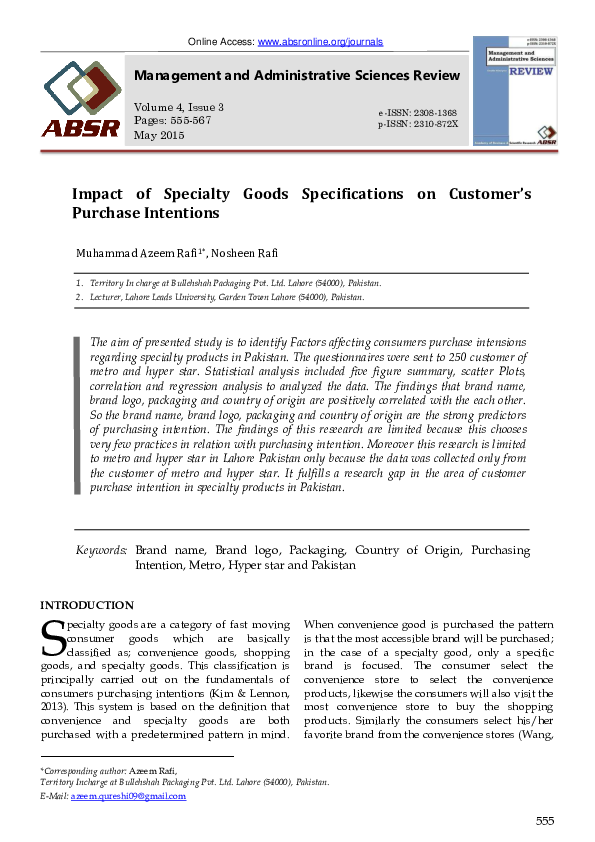 (PDF) Impact of Specialty Goods Specifications on Customer’s Purchase ...