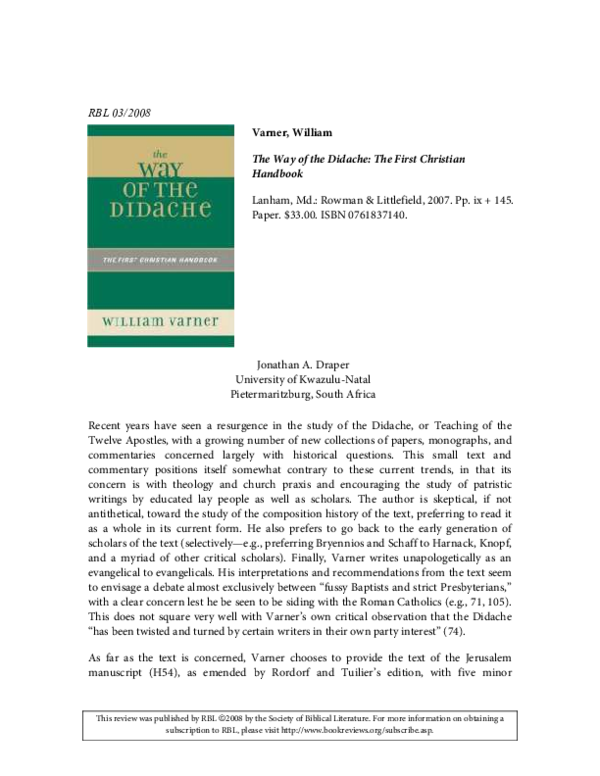 (PDF) Review: VARNER, William, The Way of the Didache: The First ...