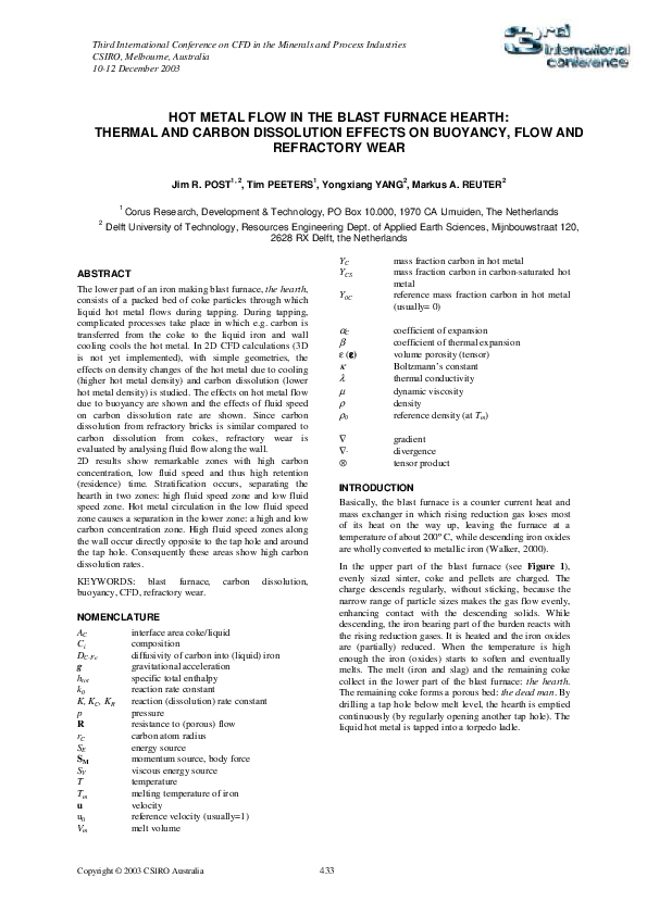 (PDF) HOT METAL FLOW IN THE BLAST FURNACE HEARTH: THERMAL AND CARBON ...