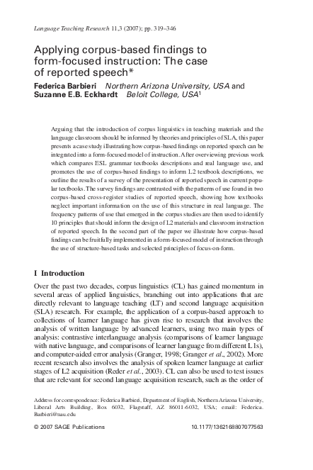 Pdf Applying Corpus Based Findings To Form Focused Instruction The Case Of Reported Speech