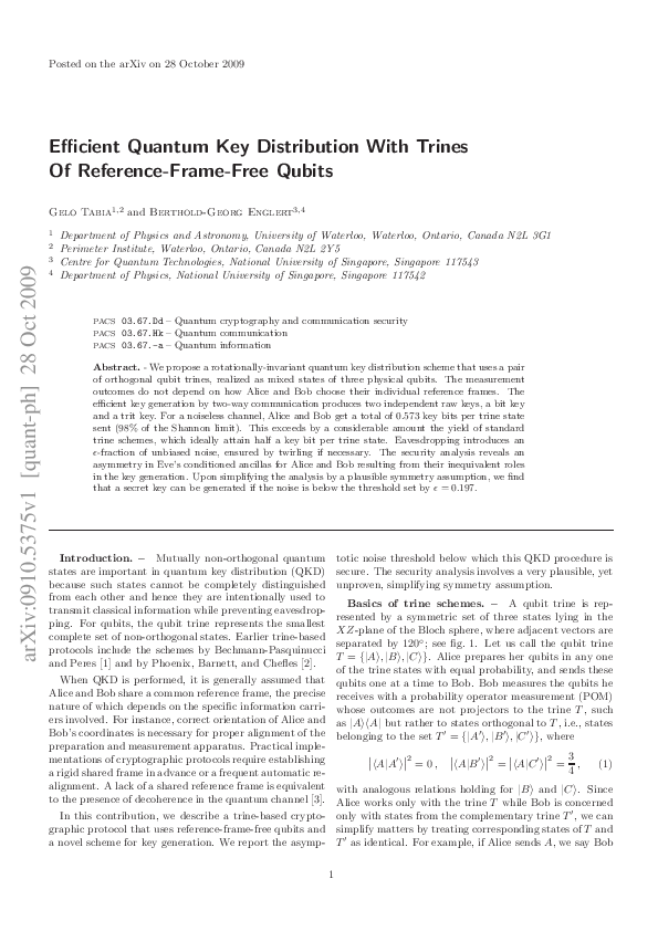 Pdf Efficient Quantum Key Distribution With Trines Of Reference Frame