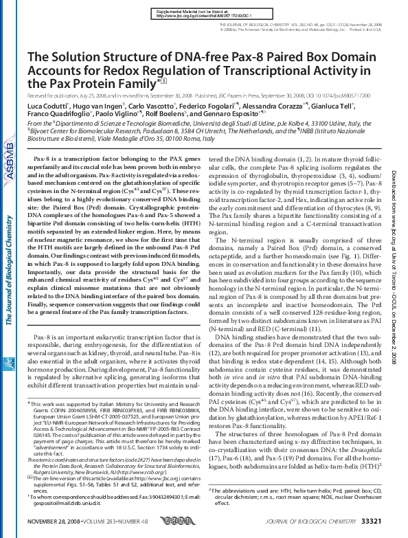 (PDF) The Solution Structure of DNA-free Pax8 Paired Box Domain ...