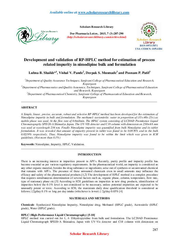 Pdf Development And Validation Of Rp Hplc Method For Estimation Of Process Related Impurity In