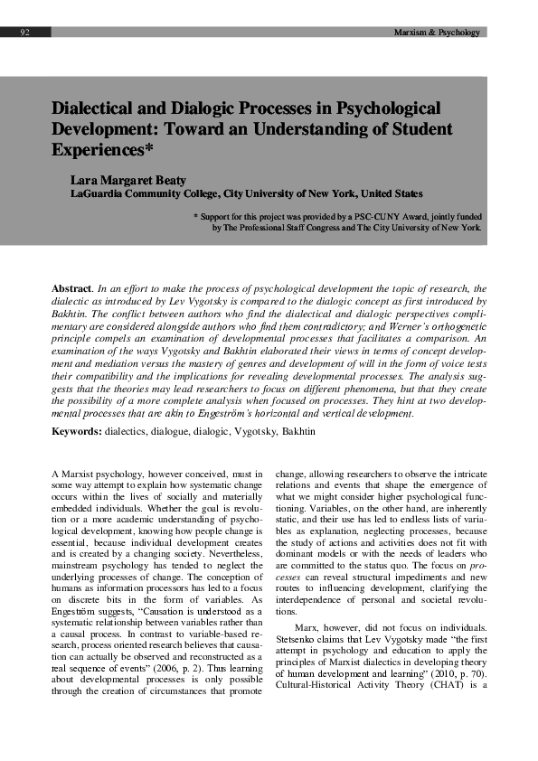 (PDF) Dialectical and Dialogic Processes in Psychological Development ...