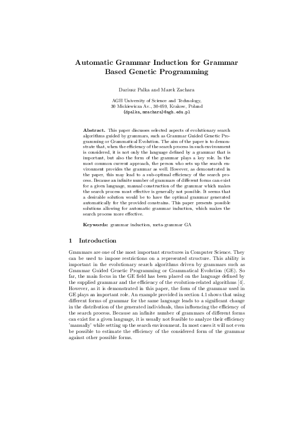 (PDF) Automatic Grammar Induction for Grammar Based Genetic Programming