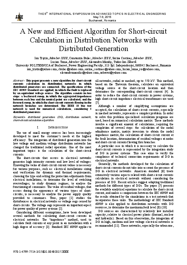 A New And Efficient Algorithm For Short Circuit Calculation In Distribution Networks With