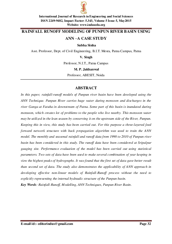 (PDF) RAINFALL RUNOFF MODELING OF PUNPUN RIVER BASIN USING ANN –A CASE STUDY