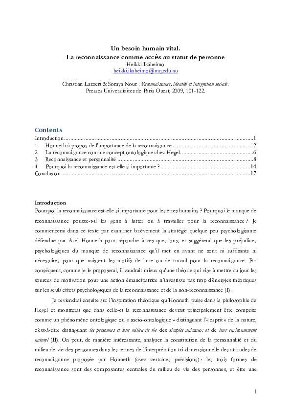 (PDF) Un besoin humain vital. La reconnaissance comme acces au statut ...