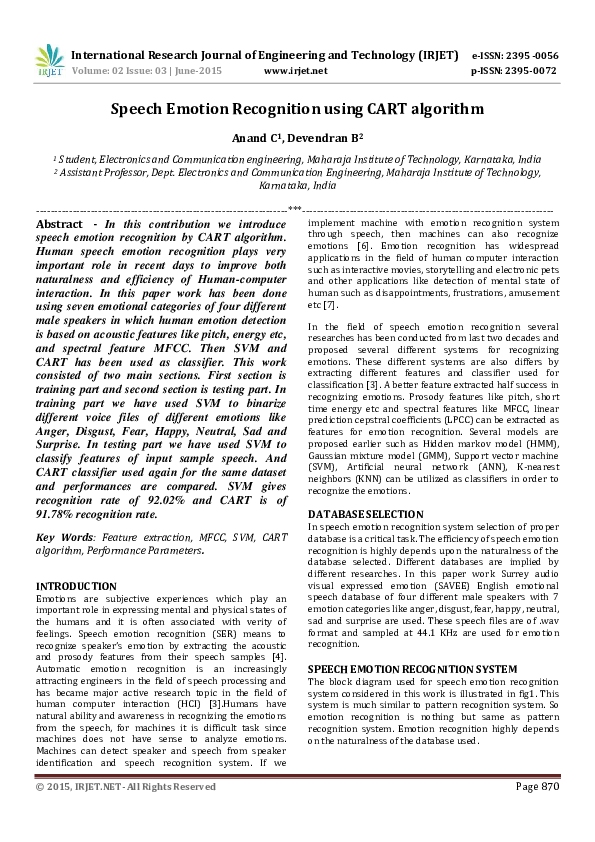 (PDF) IRJET-Speech Emotion Recognition using CART algorithm