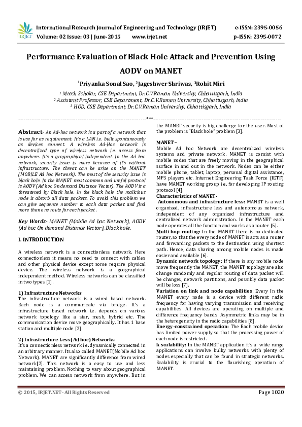 (PDF) IRJET-Performance Evaluation of Black Hole Attack and Prevention Using AODV on MANET