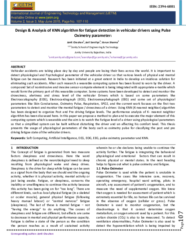 Pdf Design And Analysis Of Knn Algorithm For Fatigue Detection In Vehicular Drivers Using Pulse