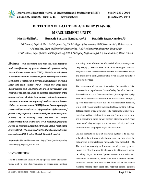 (PDF) IRJET-DETECTION OF FAULT LOCATION BY PHASOR MEASUREMENT UNITS