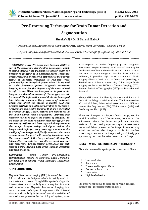 Pdf Irjet Pre Processing Technique For Brain Tumor Detection And