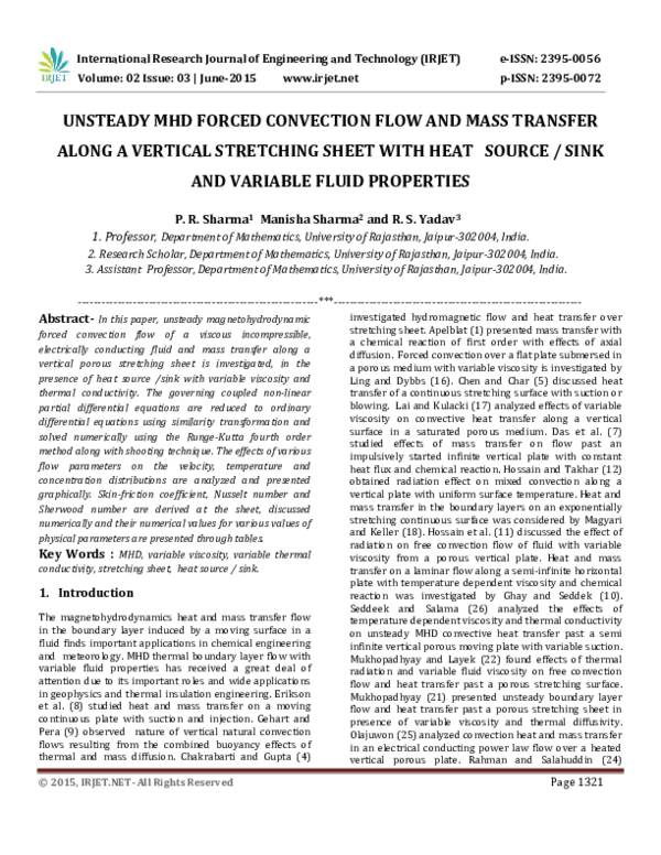 (PDF) IRJET-UNSTEADY MHD FORCED CONVECTION FLOW AND MASS TRANSFER ALONG A VERTICAL STRETCHING ...