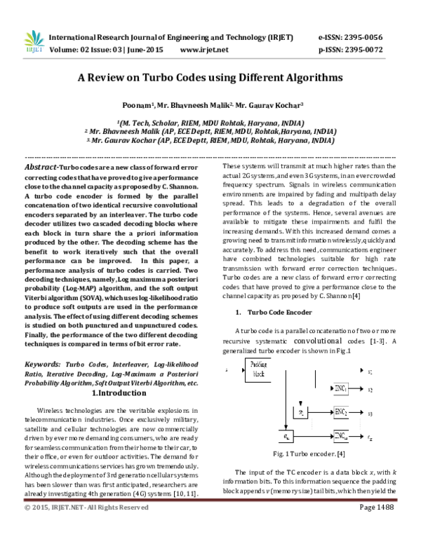(PDF) IRJET-A Review on Turbo Codes using Different Algorithms