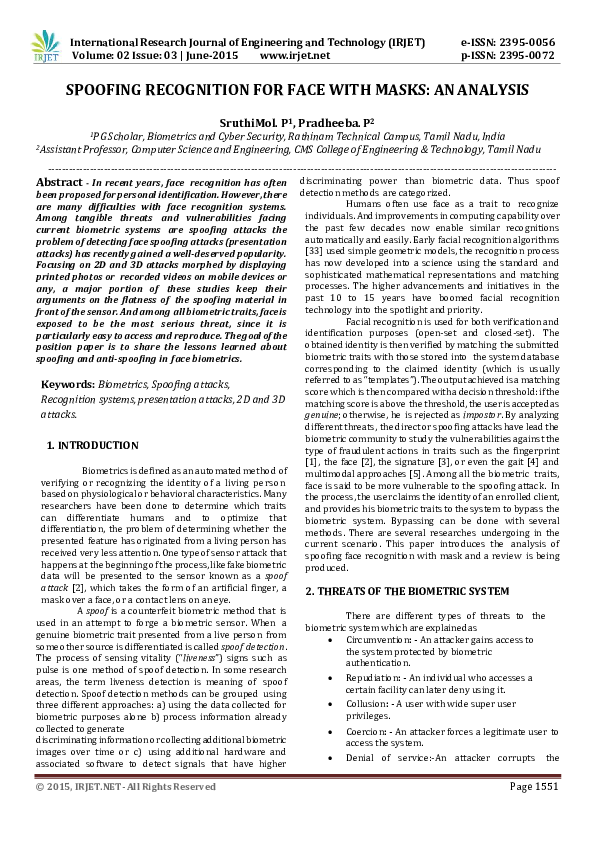 Pdf Irjet Spoofing Recognition For Face With Masks An Analysis Irjet Journal