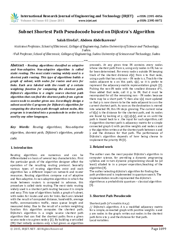 (PDF) IRJET-Subnet Shortest Path Pseudocode based on Dijkstra's Algorithm