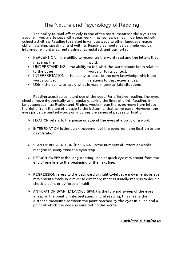 (DOC) The Nature and Psychology of Reading