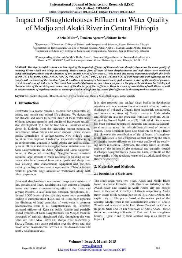 (PDF) Impact of Slaughterhouses Effluent on Water Quality of Modjo and ...