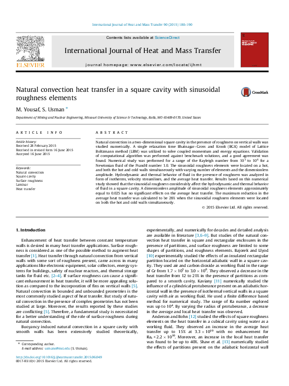 Pdf Natural Convection Heat Transfer In A Square Cavity With Sinusoidal Roughness Elements