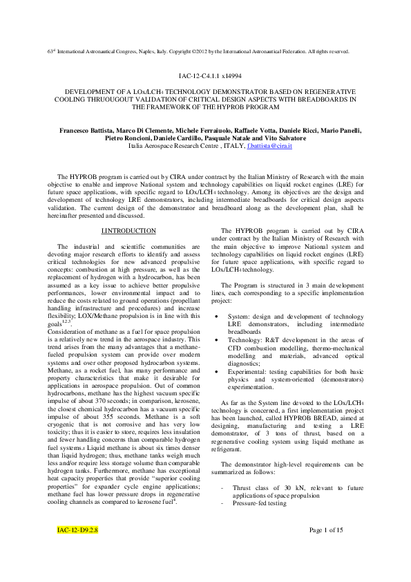 (PDF) DEVELOPMENT OF A LOx/LCH4 TECHNOLOGY DEMONSTRATOR BASED ON ...