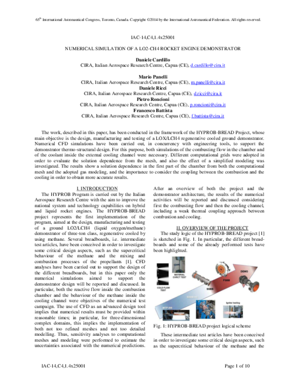 (PDF) NUMERICAL SIMULATION OF A LO2-CH4 ROCKET ENGINE DEMONSTRATOR