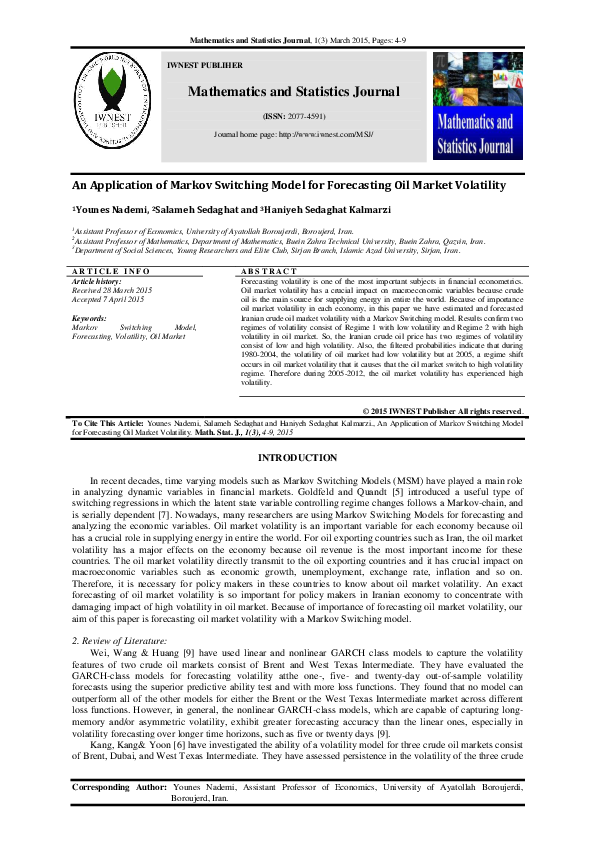 Pdf An Application Of Markov Switching Model For Forecasting Oil Market Volatility Library