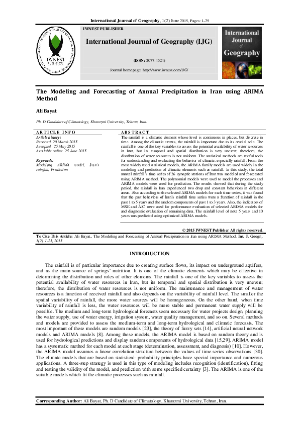 Pdf Forecasting Irans Annual Rainfall With Arima