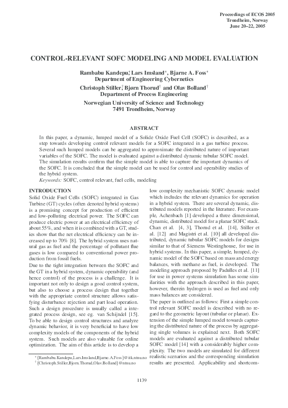 Pdf Control Relevant Sofc Modeling And Model Evaluation