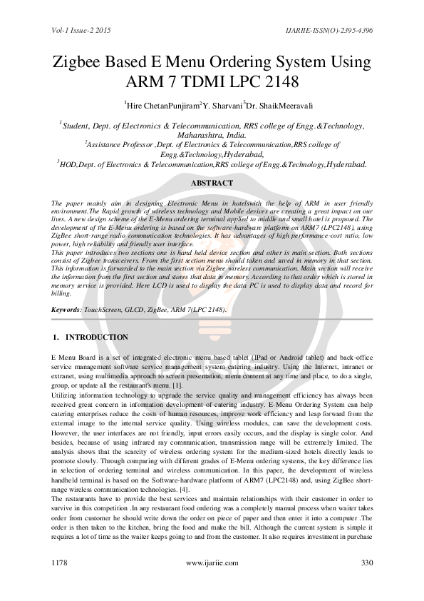 Pdf Zigbee Based E Menu Ordering System Using Arm 7 Tdmi Lpc 2148 9859