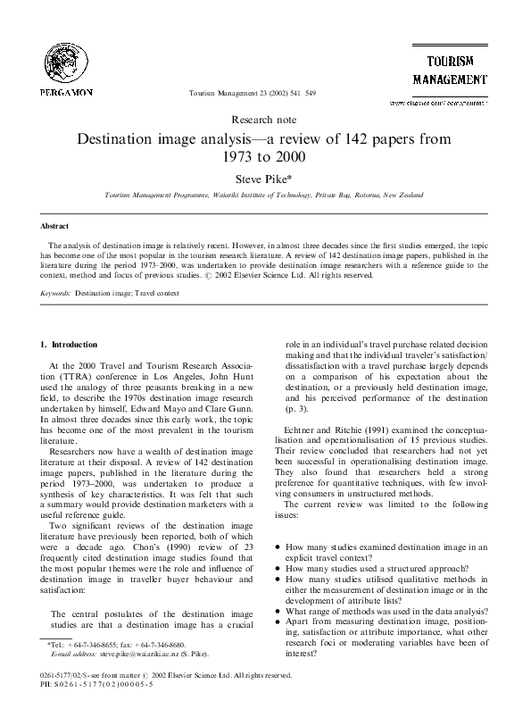 (PDF) Destination image analysis—a review of 142 papers from 1973 to 2000