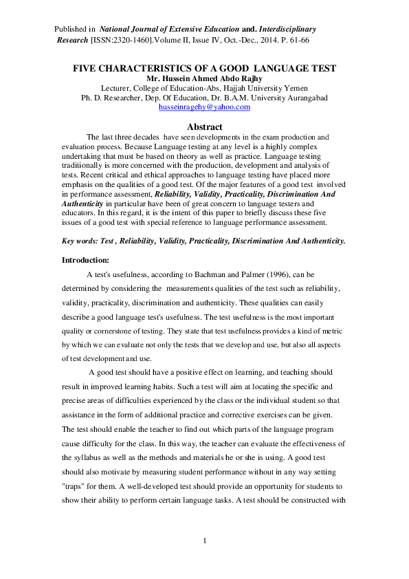 (PDF) FIVE CHARACTERISTICS OF A GOOD LANGUAGE TEST