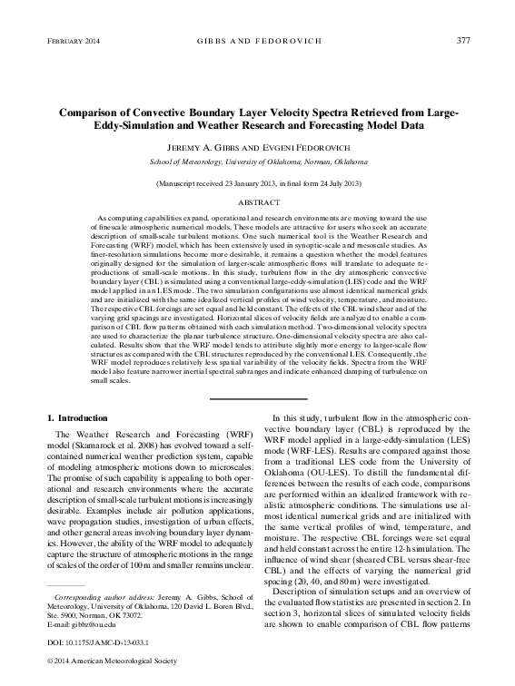 (PDF) Comparison of Convective Boundary Layer Velocity Spectra Retrieved from Large- Eddy ...