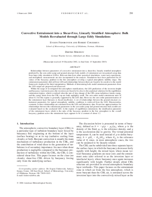 Pdf Convective Entrainment Into A Shear Free Linearly Stratified Atmosphere Bulk Models