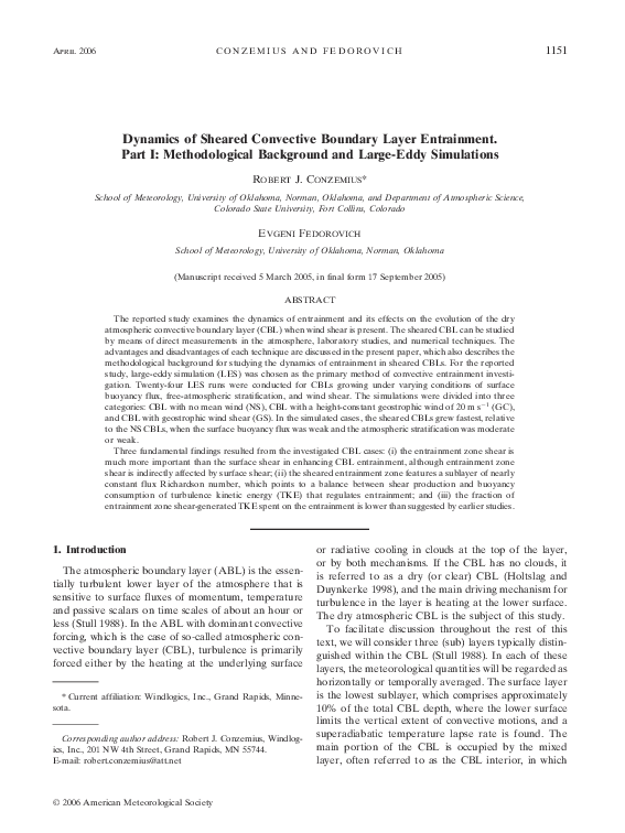 Pdf Dynamics Of Sheared Convective Boundary Layer Entrainment Part I Methodological