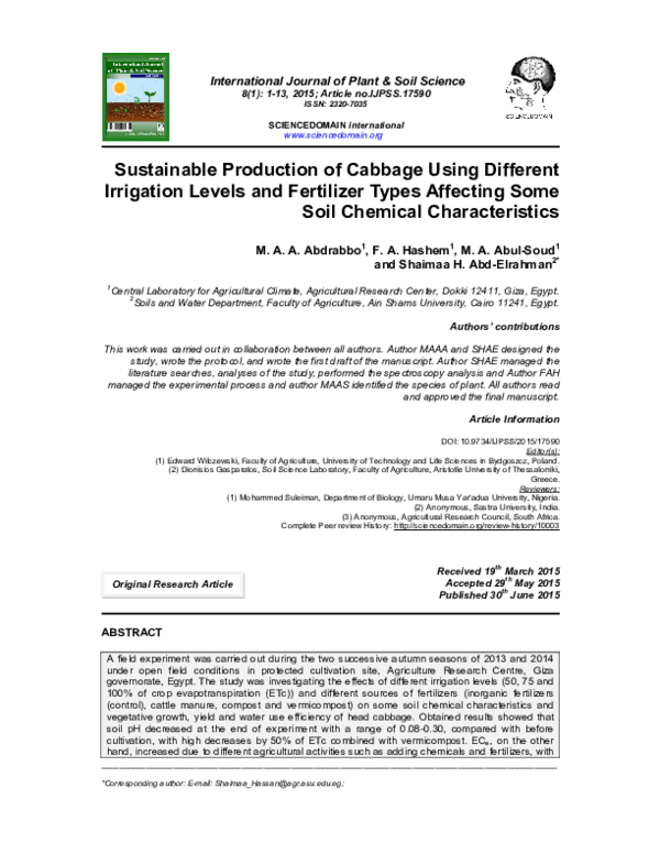 (PDF) Sustainable Production of Cabbage Using Different Irrigation ...