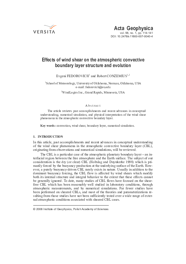 Pdf Effects Of Wind Shear On The Atmospheric Convective Boundary