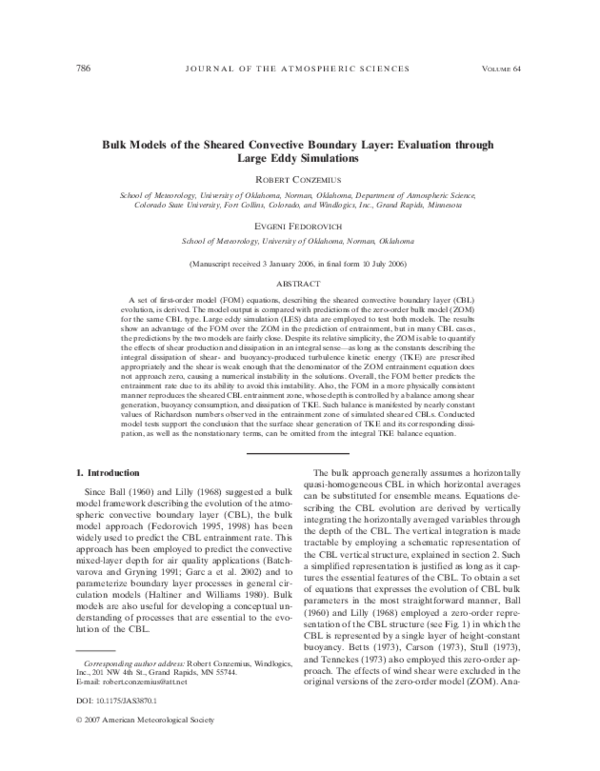 Pdf Bulk Models Of The Sheared Convective Boundary Layer Evaluation Through Large Eddy