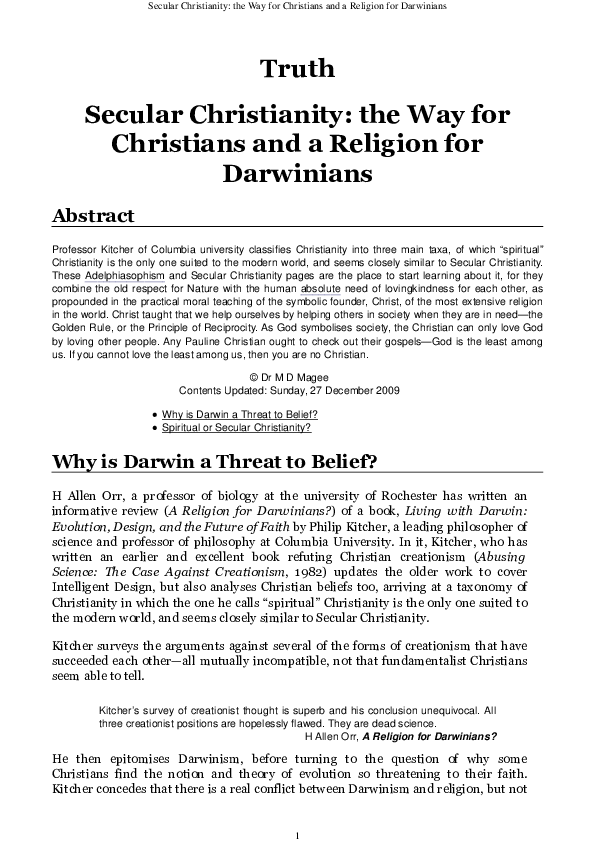 Secular Christianity: the Way for Christians and a Religion for Darwinians