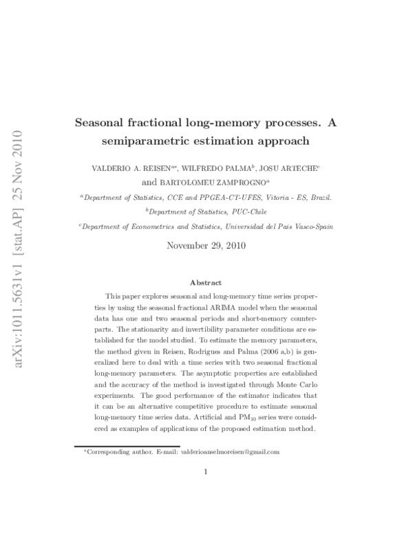 Pdf Seasonal Fractional Long Memory Processes A Semiparametric