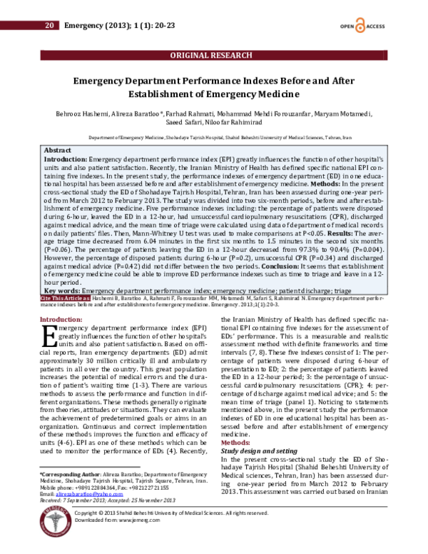 Emergency Department Performance Indexes Before and After Establishment ...