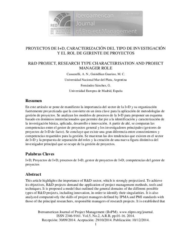 (PDF) PROYECTOS DE I+D, CARACTERIZACIÓN DEL TIPO DE INVESTIGACIÓN Y EL ...