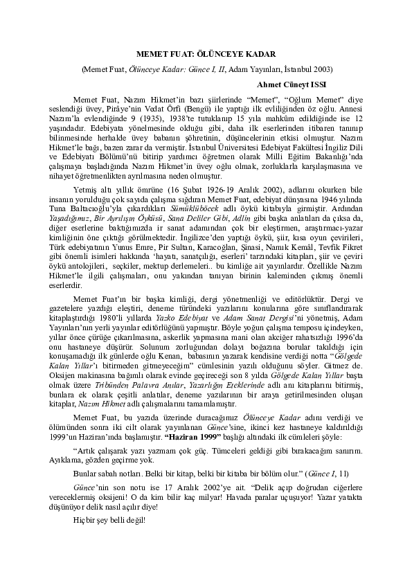 (DOC) Memet Fuat: Ölünceye kadar