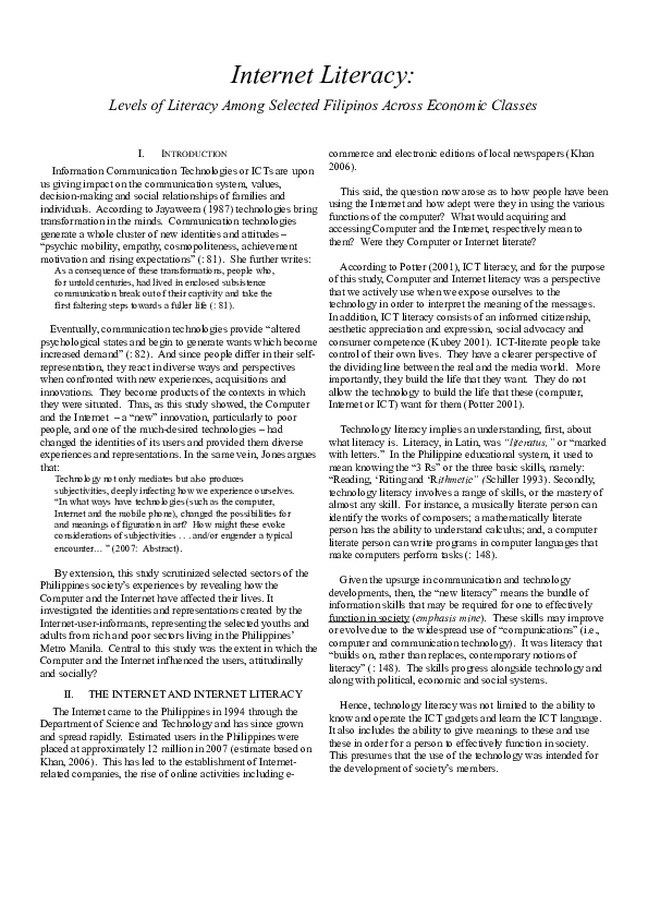 (DOC) INTERNET LITERACY: Levels of Literacy Among of Selected Filipinos ...