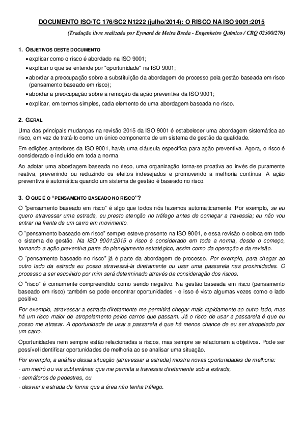 (PDF) DOCUMENTO ISO/TC 176/SC2 N1222 (julho/2014): O RISCO NA ISO 9001:2015