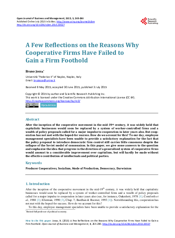 (PDF) A Few Reflections on the Reasons Why Cooperative Firms Have ...