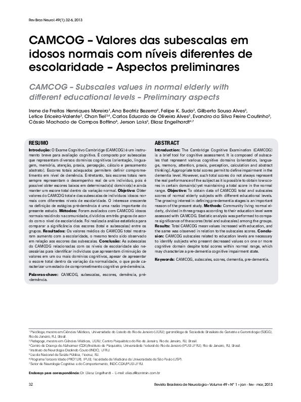 (PDF) CAMCOG – Subscales values in normal elderly with different ...
