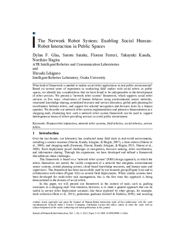 Pdf The Network Robot System Enabling Social Human Robot Interaction In Public Spaces